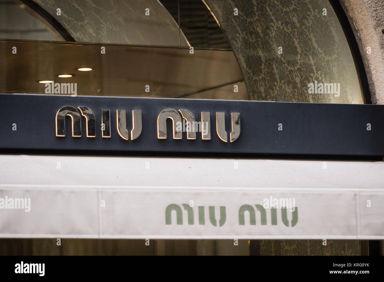 Milan, Italy - February 28, 2017: Shop window of a Miu Miu logo on a ...