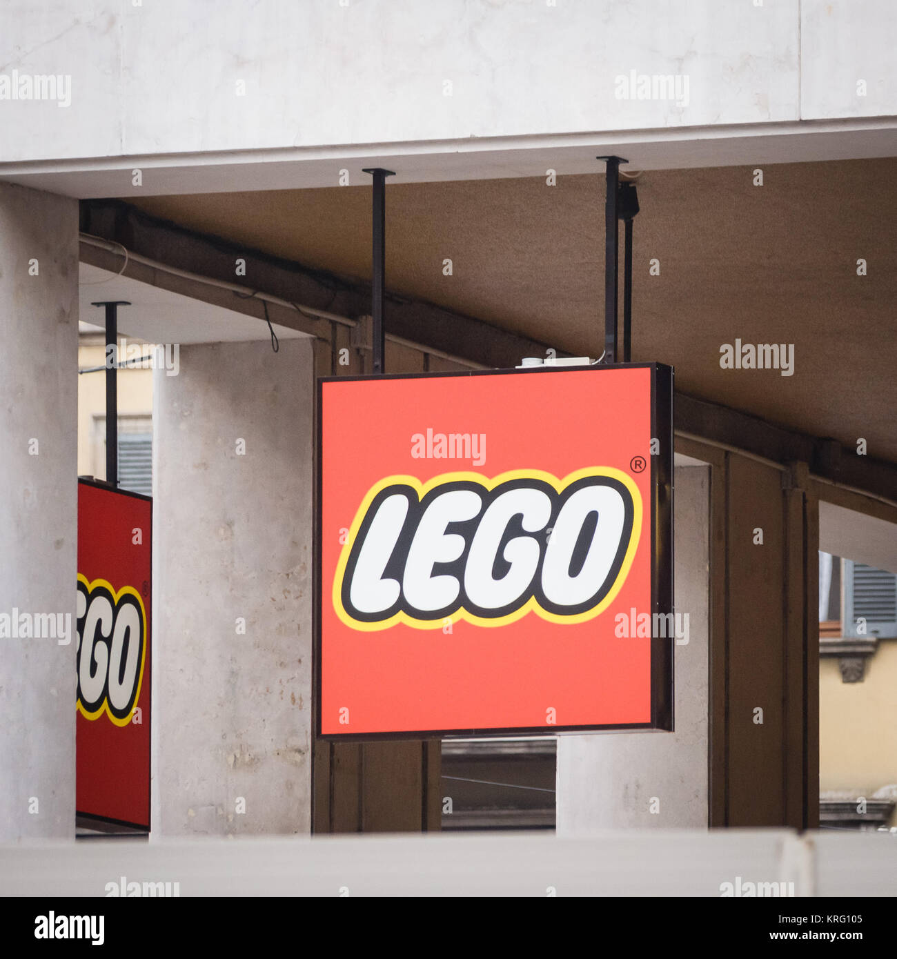 Milan, Italy - February 28, 2017: Shop logo of a Lego store in San ...
