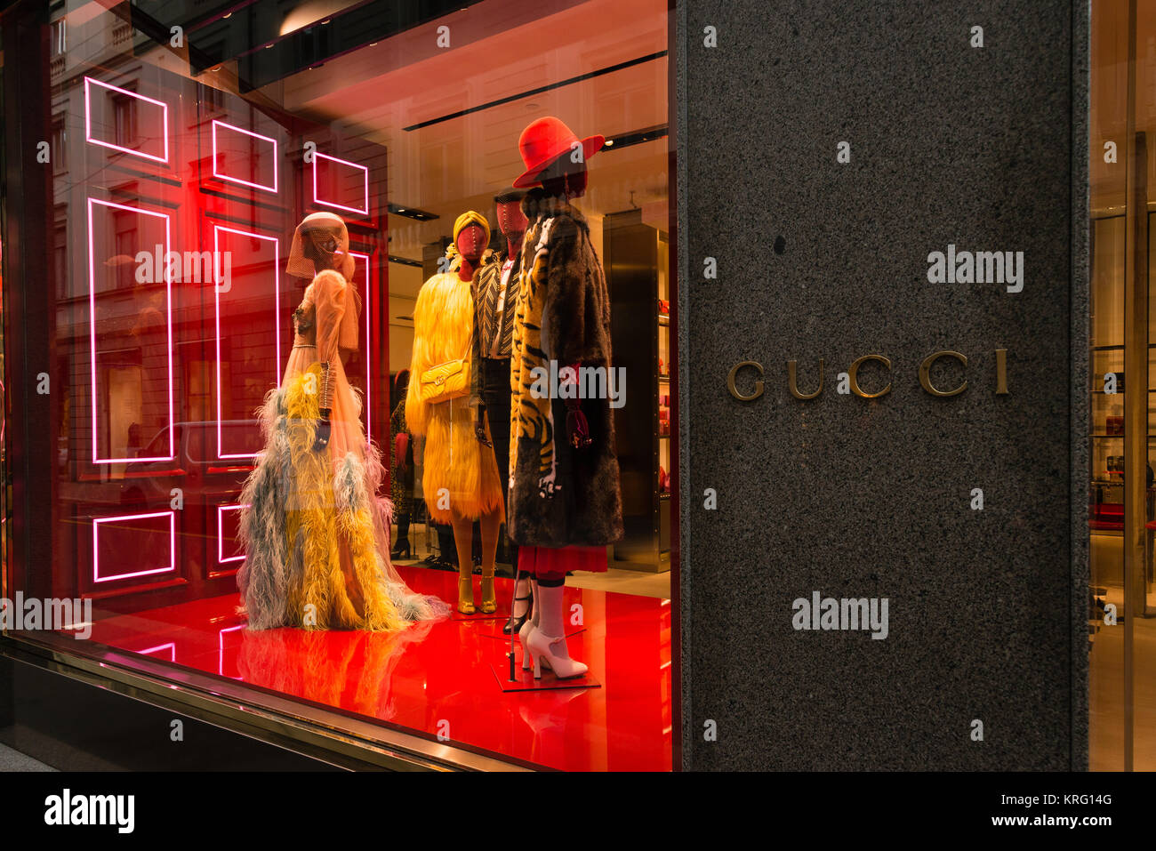 Milan, Italy - October 9, 2016: Shop window and entrance of a Gucci ...