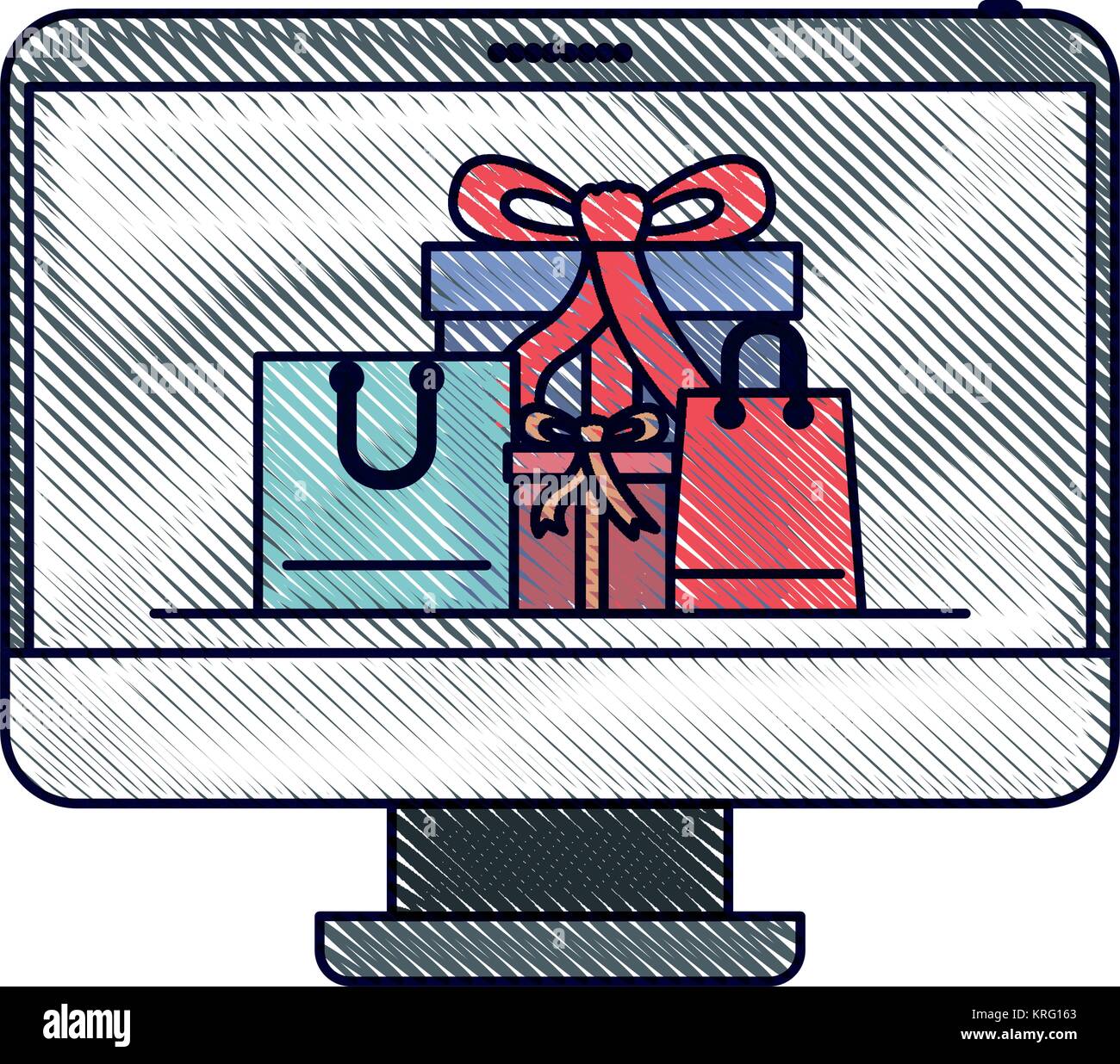 desktop computer front view with gift boxes and shopping bags in screen ...