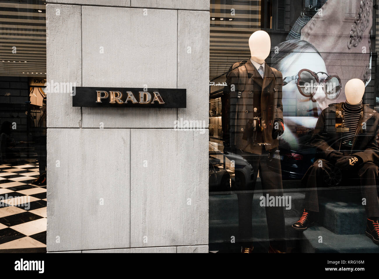 Milan, Italy - October 8, 2016: Window and entrance of a Prada shop in ...