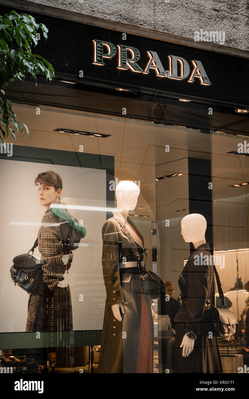 Milan, Italy - October 8, 2016: Window and entrance of a Prada shop in ...