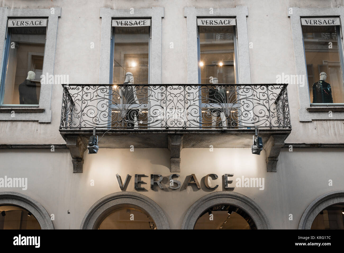 Milan, Italy - October 8, 2016: Window and entrance of a Versace shop ...