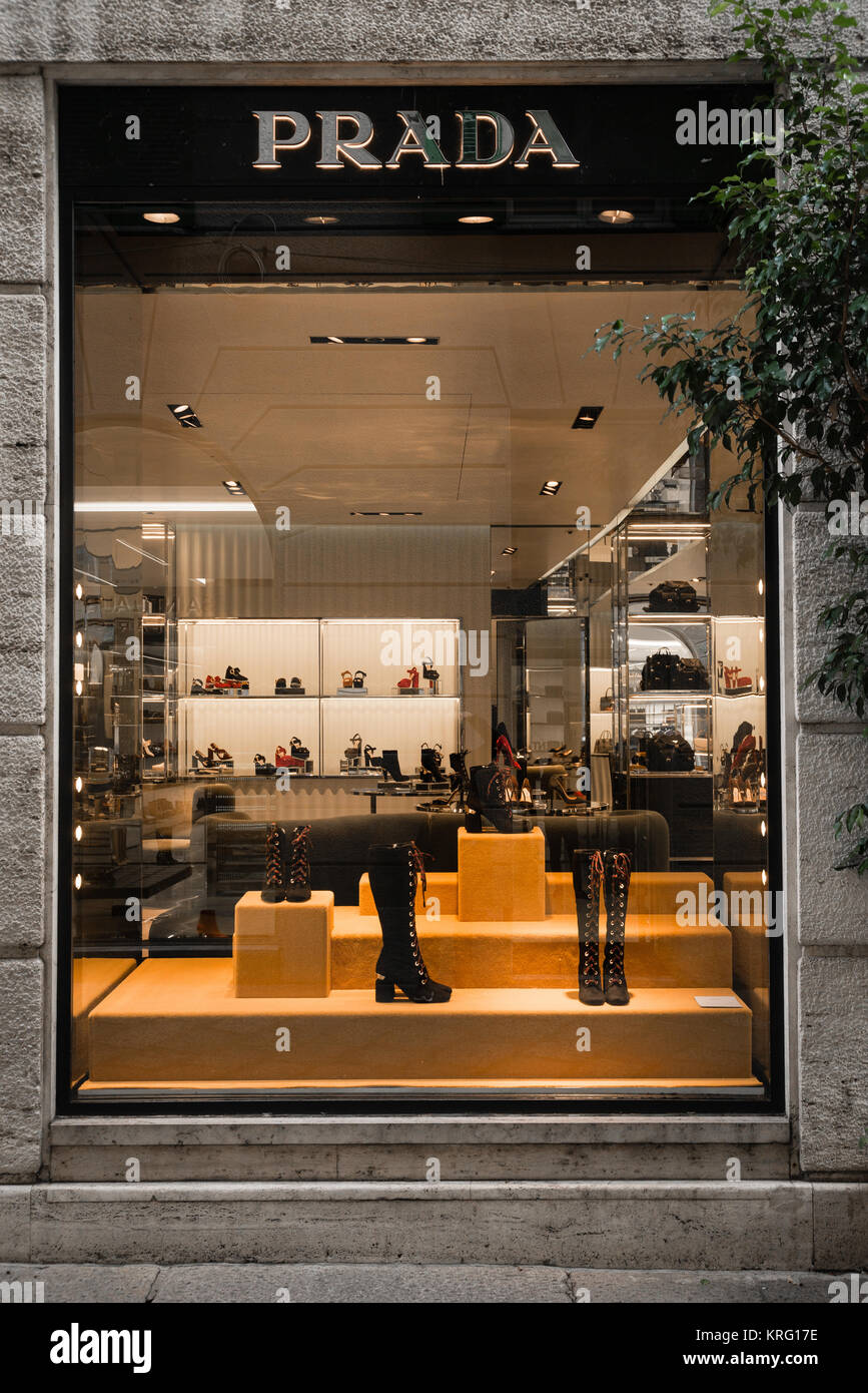 Milan, Italy - October 8, 2016: Window and entrance of a Prada shop in ...