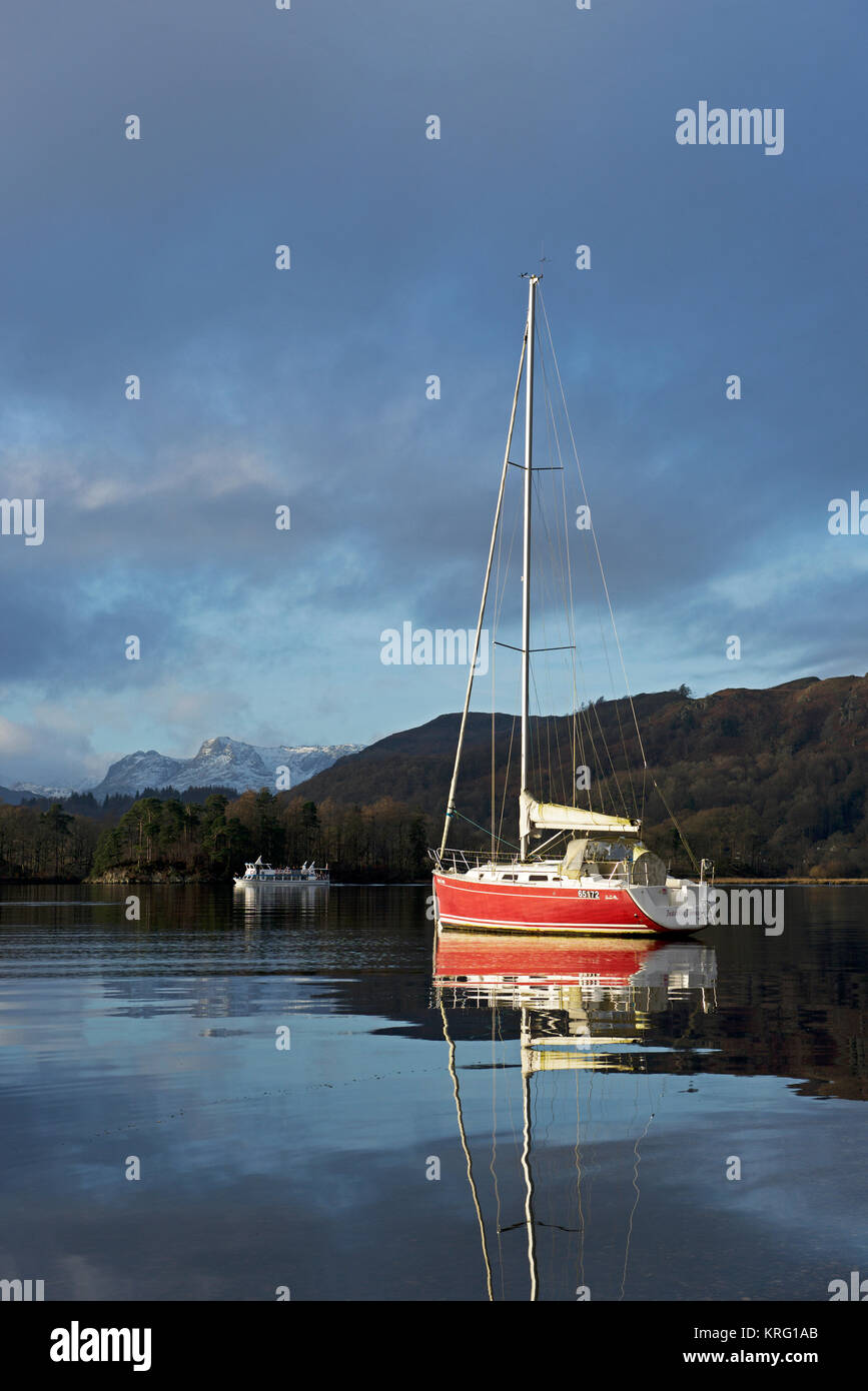 Boat on Lake Windermere at Waterhead, and Langdale Pikes, Lake District National Park, Cumbria ...