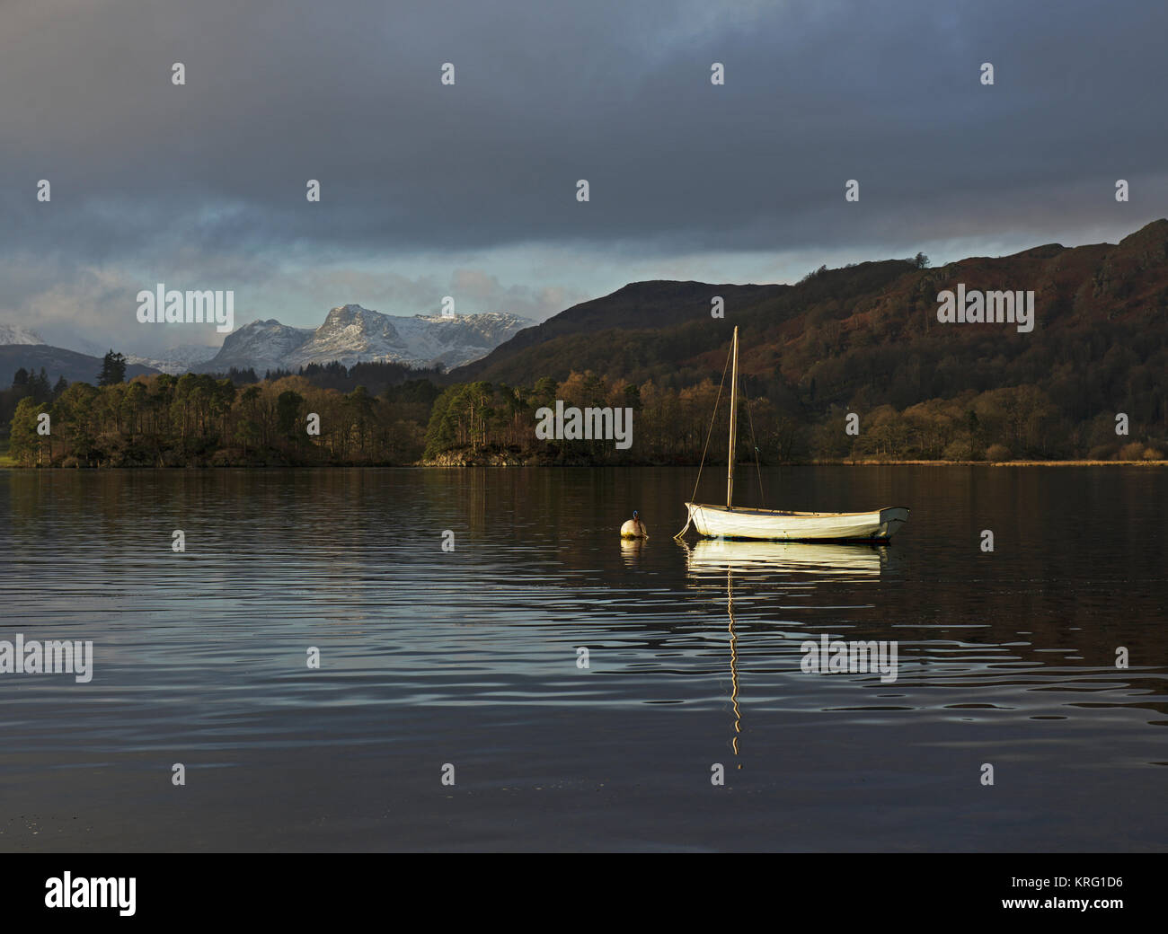 Boat on Lake Windermere at Waterhead, and Langdale Pikes, Lake District National Park, Cumbria ...