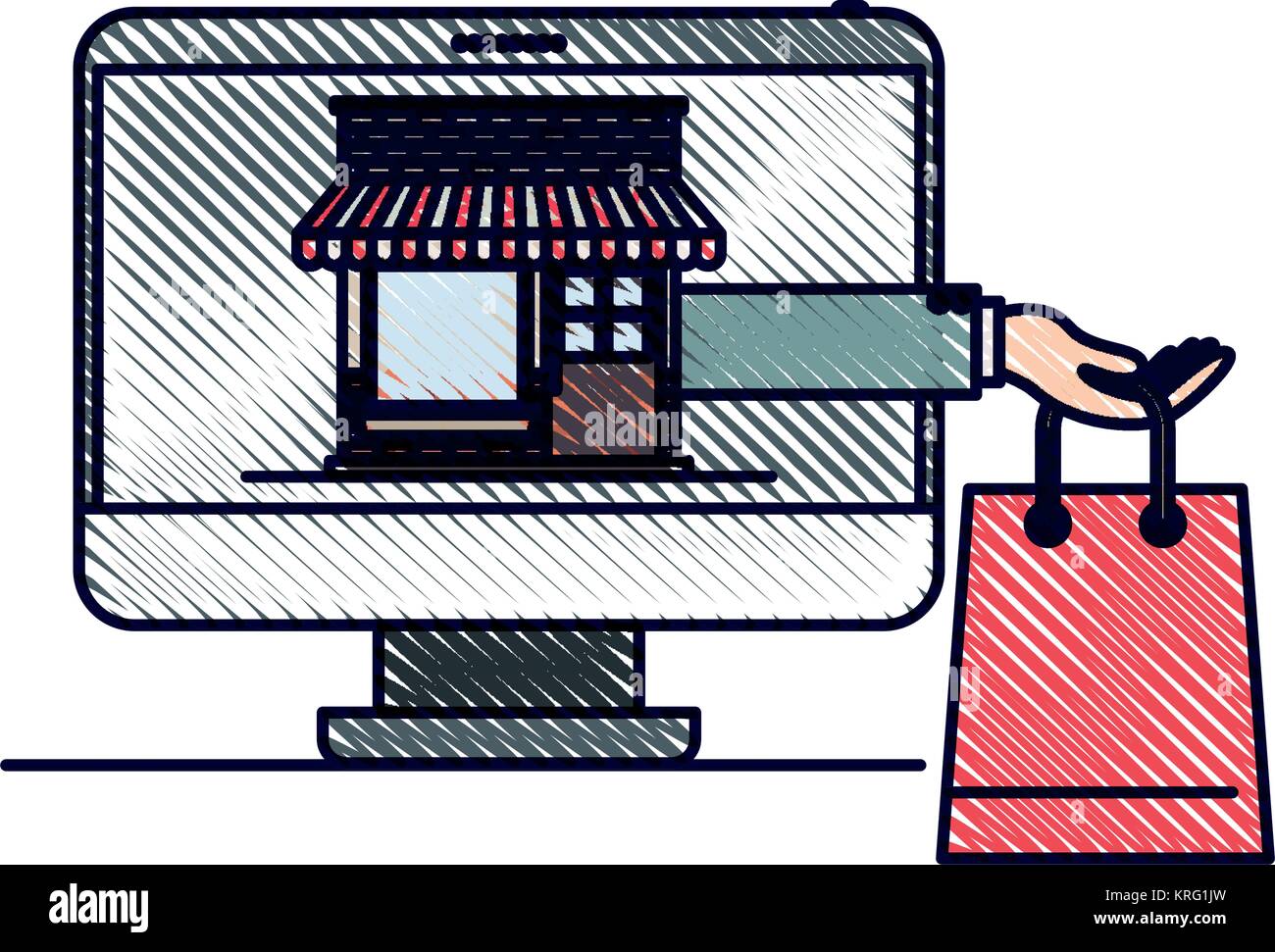 desktop computer front view with online store and shopping bag in ...