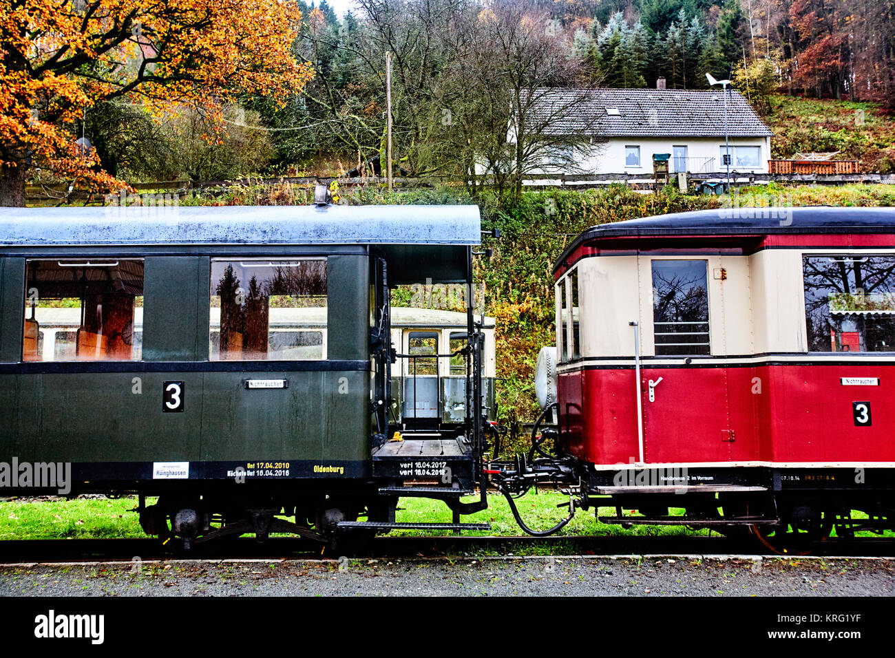 Old german railroad passenger wagons in autumn view Stock Photo - Alamy