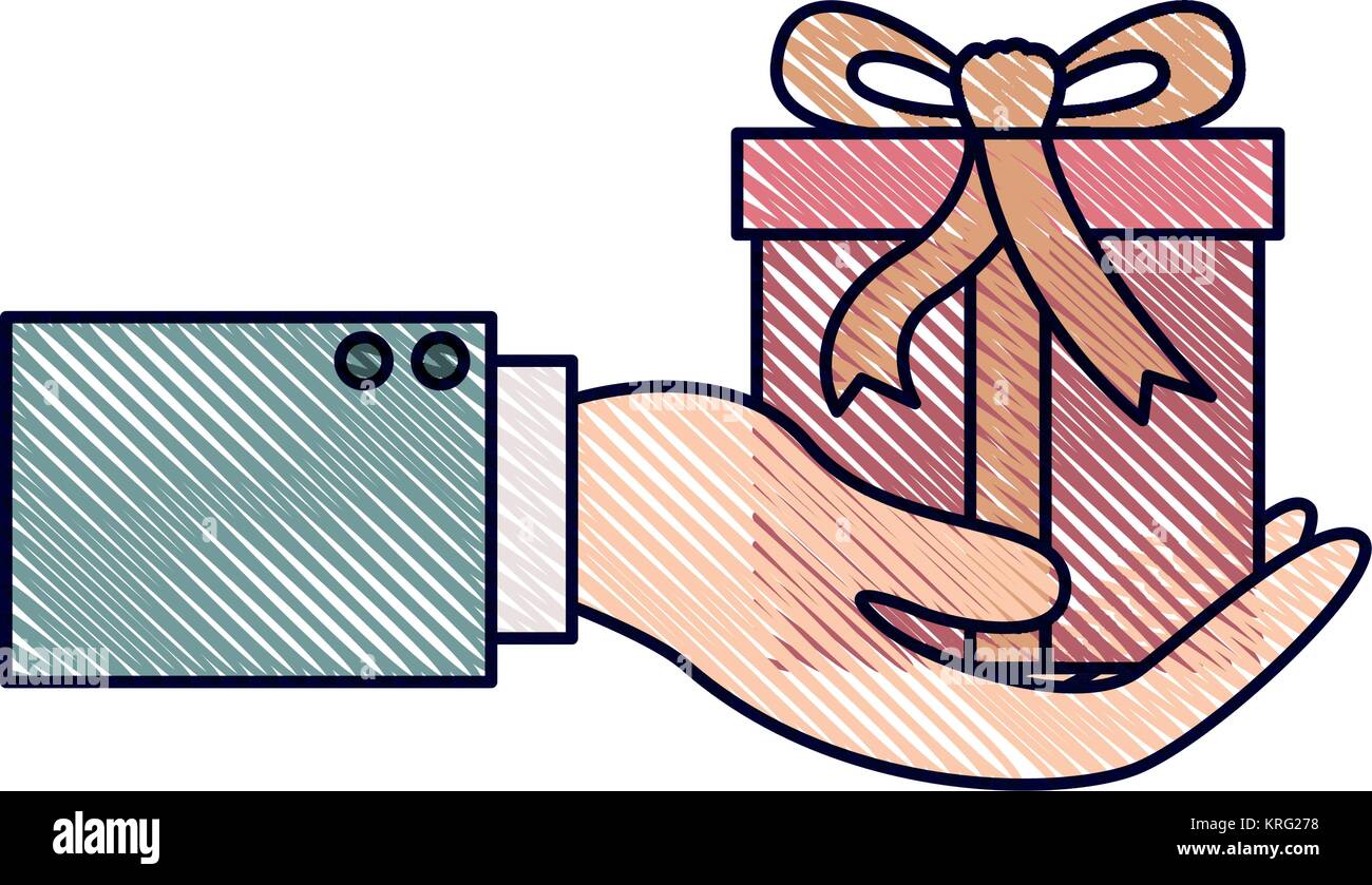 hand holding a gift box in colored crayon silhouette Stock Vector Image ...