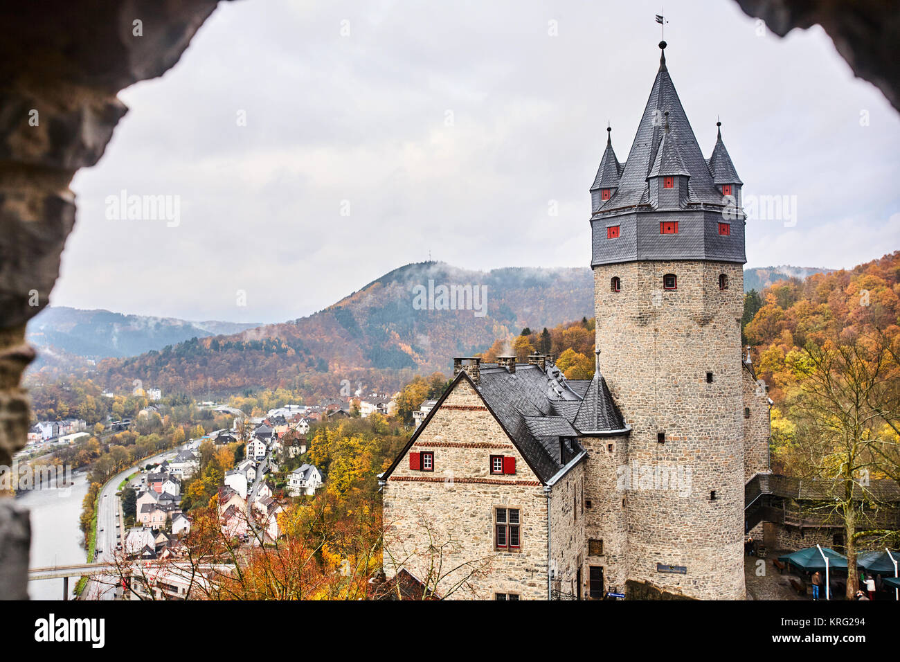 Autumn high view of medieval Altena castle Stock Photo - Alamy