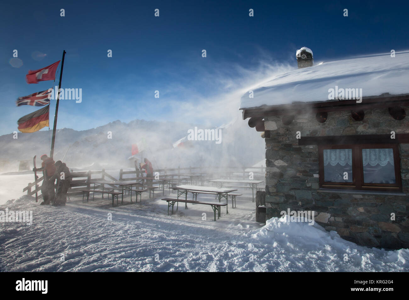 Snowstorm in mountain village. Aosta.Italy Stock Photo - Alamy