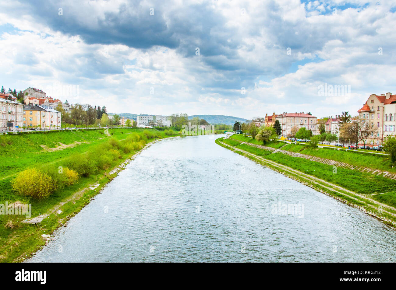 Spectacular view of the ancient city near the small river with blue sky ...