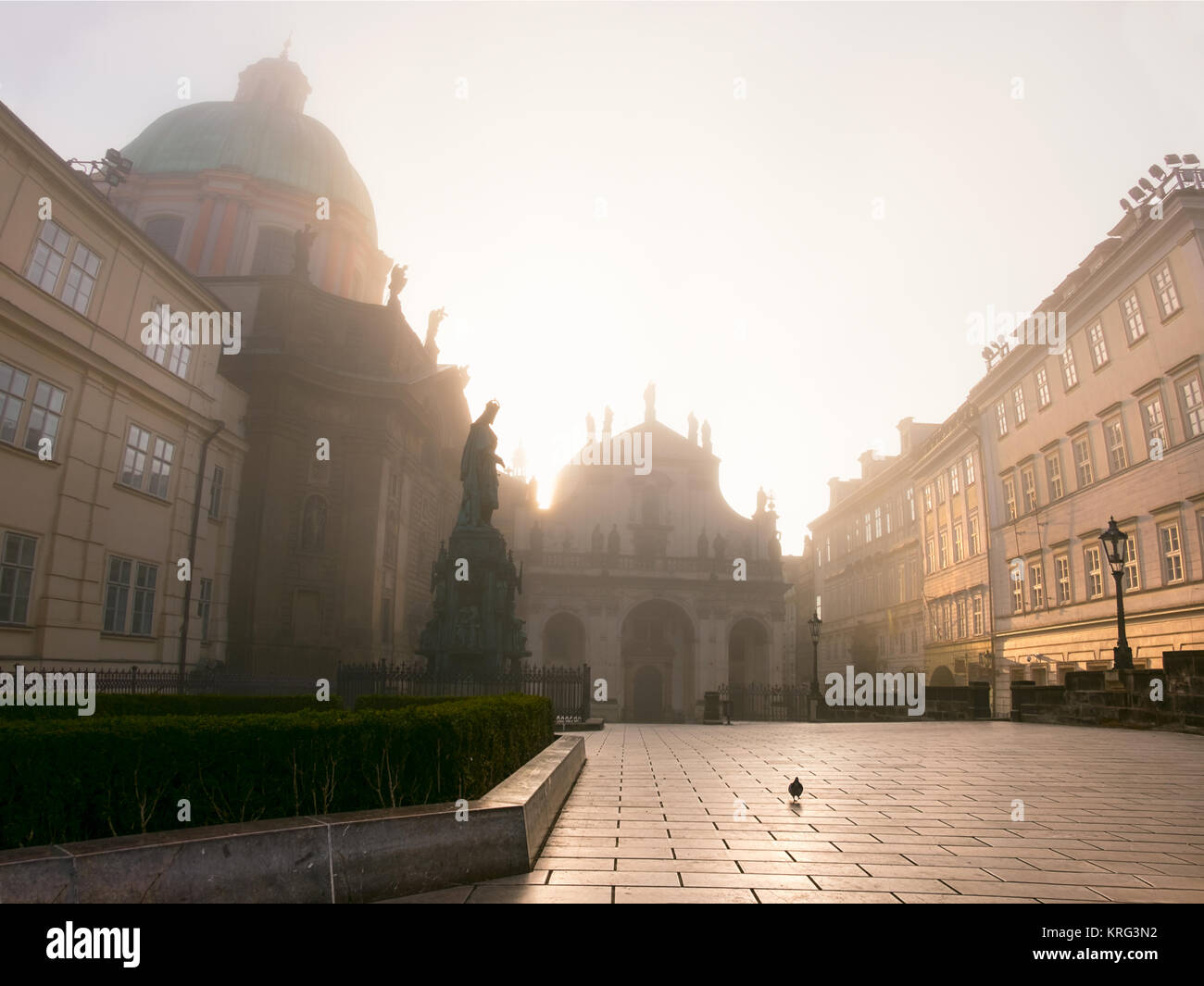 Prague on a sunrise, town square with Church of St. Francis of Assisi ...