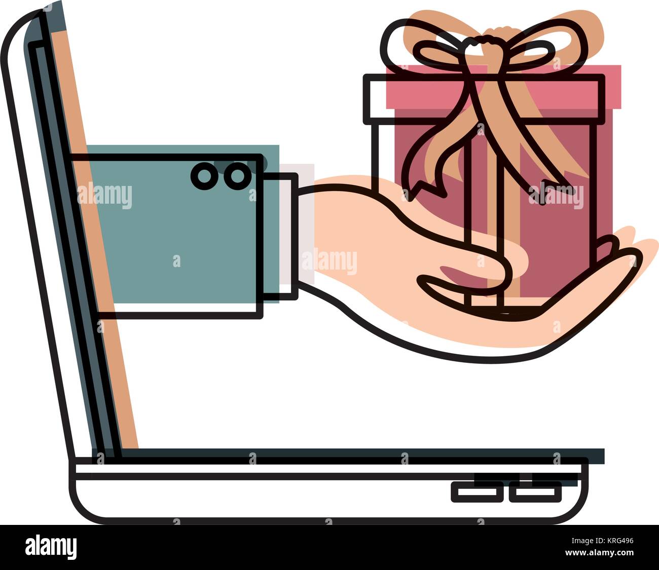 laptop computer and hand holding gift box of purchase online in ...