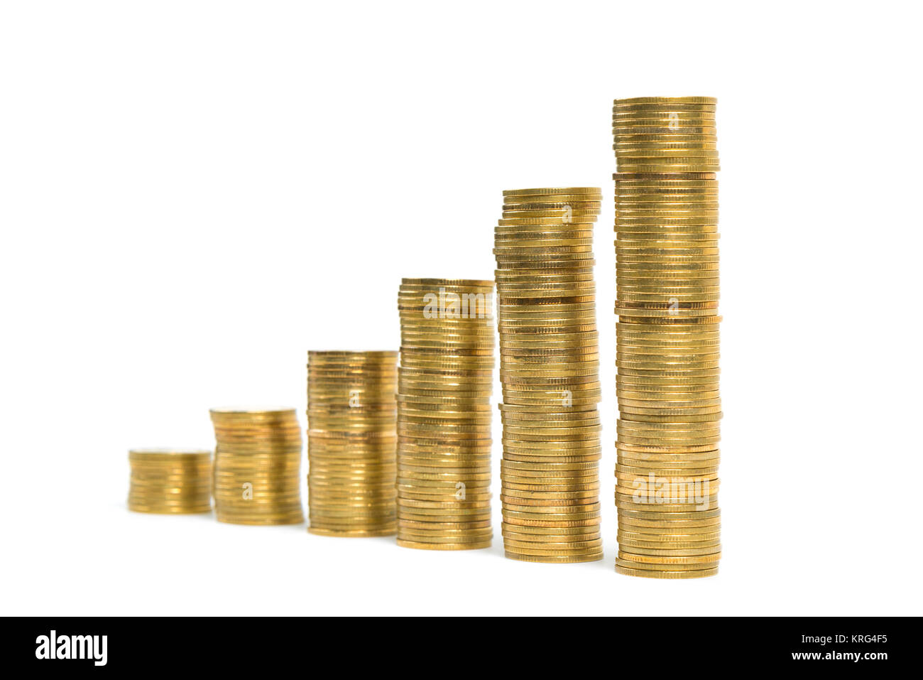 Increasing columns of coins, step of stacks coin isolated on white ...