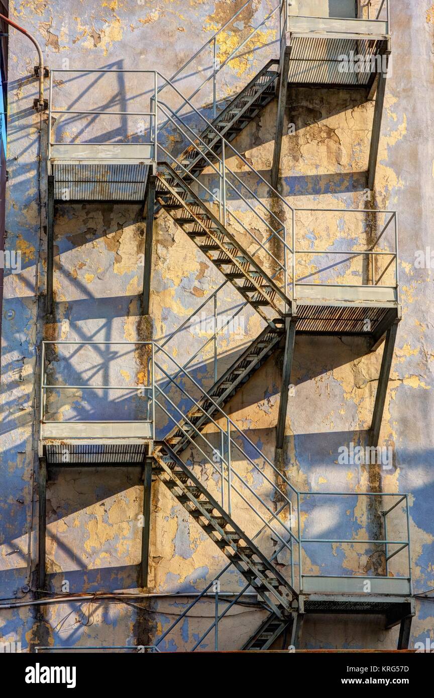 old metal fire escape on the wall of the pre-war factory in Lodz Stock ...