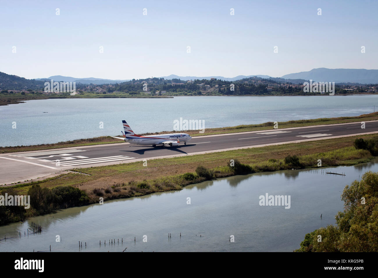Aerial view of an airplane getting ready for take off at Corfu (Kerkyra ...
