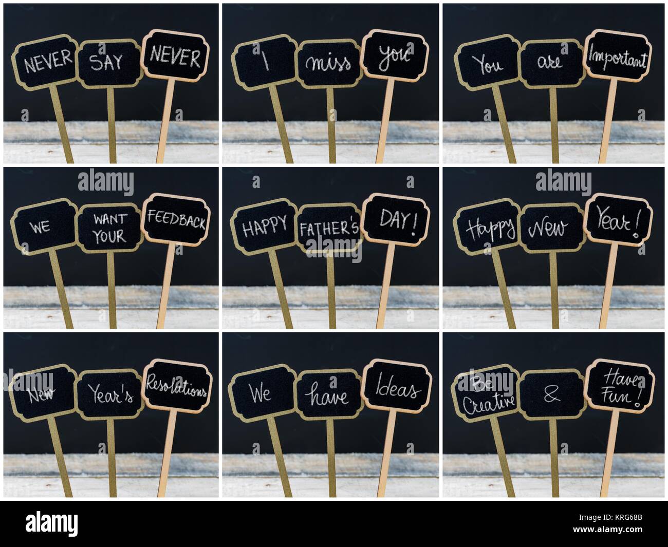 Photo collage of various greeting and motivational messages Stock Photo ...