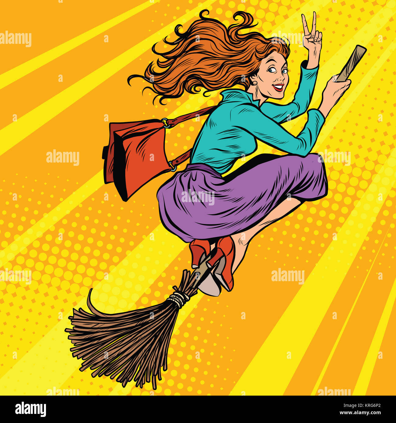 Beautiful woman witch flying on a broom Stock Photo - Alamy