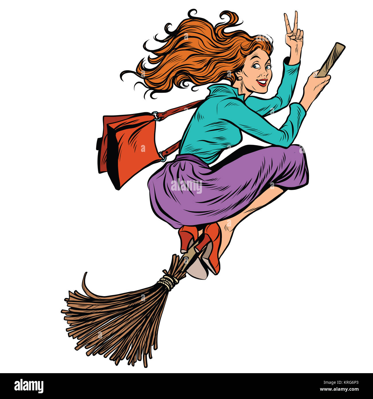 Beautiful woman witch flying on a broom Stock Photo - Alamy