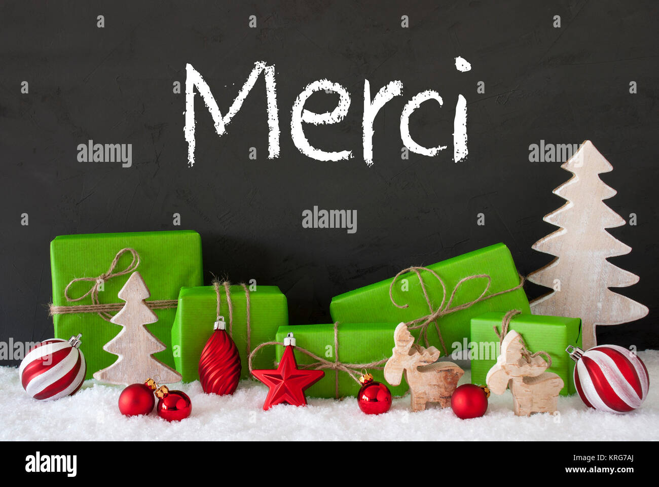 French Text Merci Means Thank You. Green Gifts Or Presents With ...
