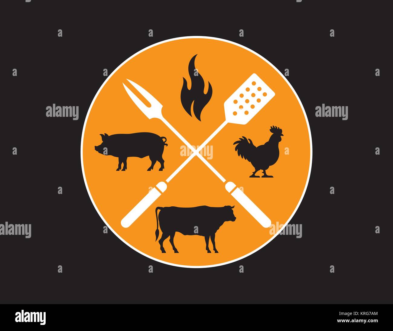 Circular Barbecue or Grilling emblem. Vector design features cow, pig ...