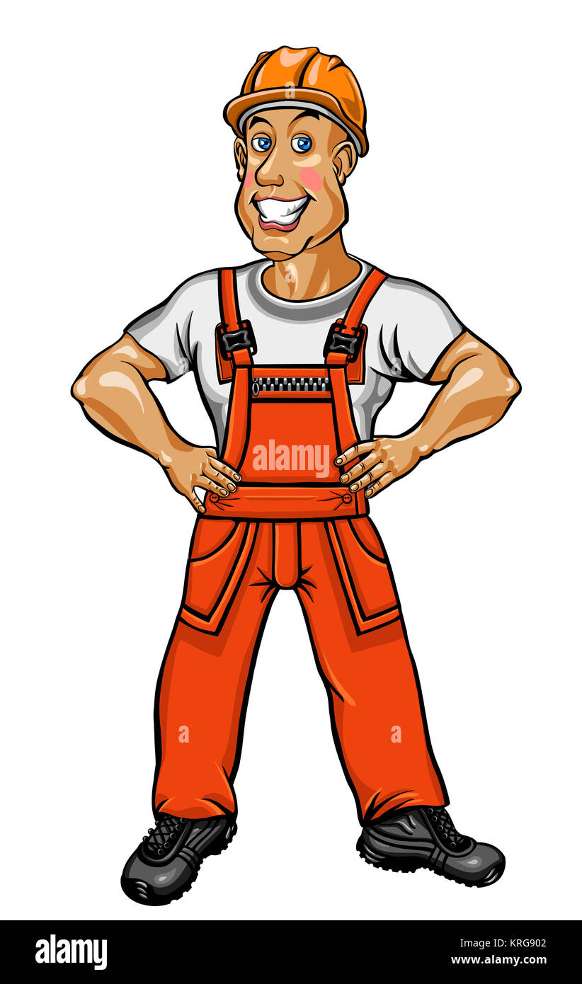 Smiling worker in an orange jumpsuit and helmet Stock Photo - Alamy