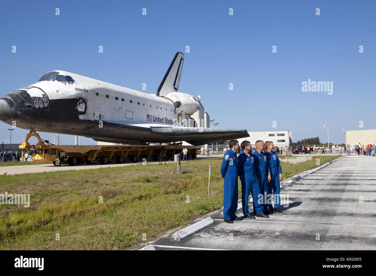 STS-135 crew members post in front of Atlantis Stock Photo - Alamy