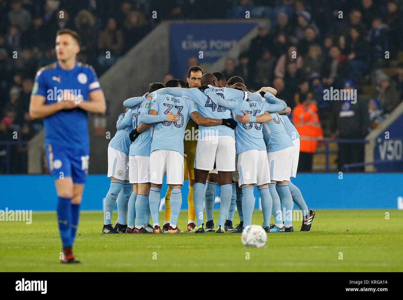 Manchester City players in a pre-match huddle before the Carabao Cup ...