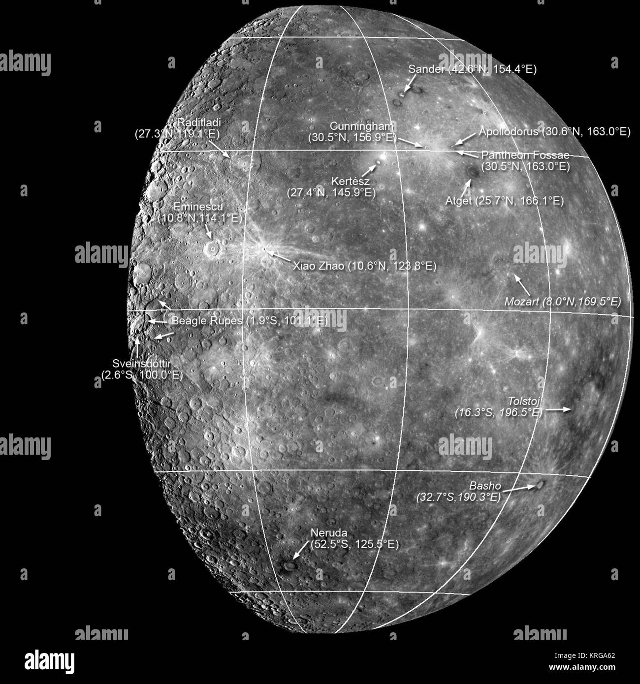 MESSENGER's first view of Mercury with name labels Stock Photo - Alamy