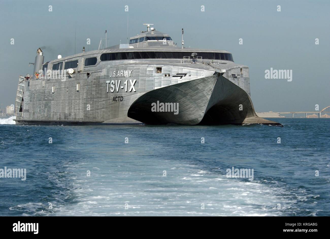 The U.S. Army Vessel theatre support vessel USAV Spearhead departs from ...