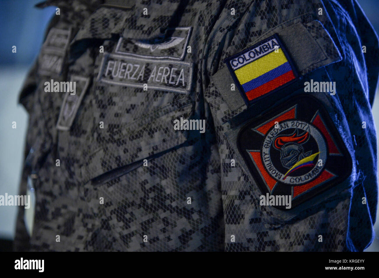 A Colombian Air Force member wears a Mobility Guardian 2017 Colombian ...