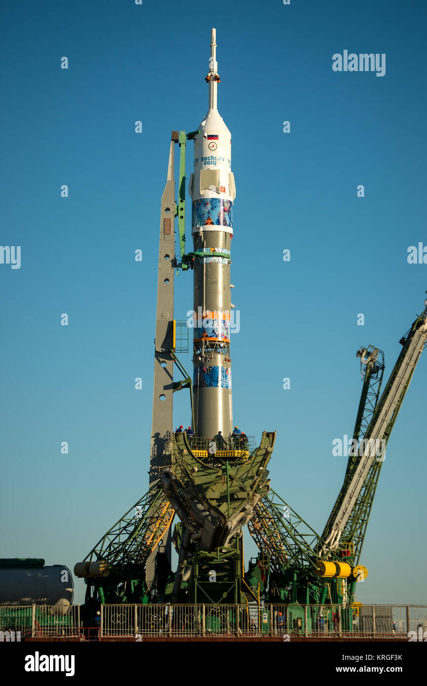 The Soyuz TMA-11M rocket, adorned with the logo of the Sochi Olympic ...