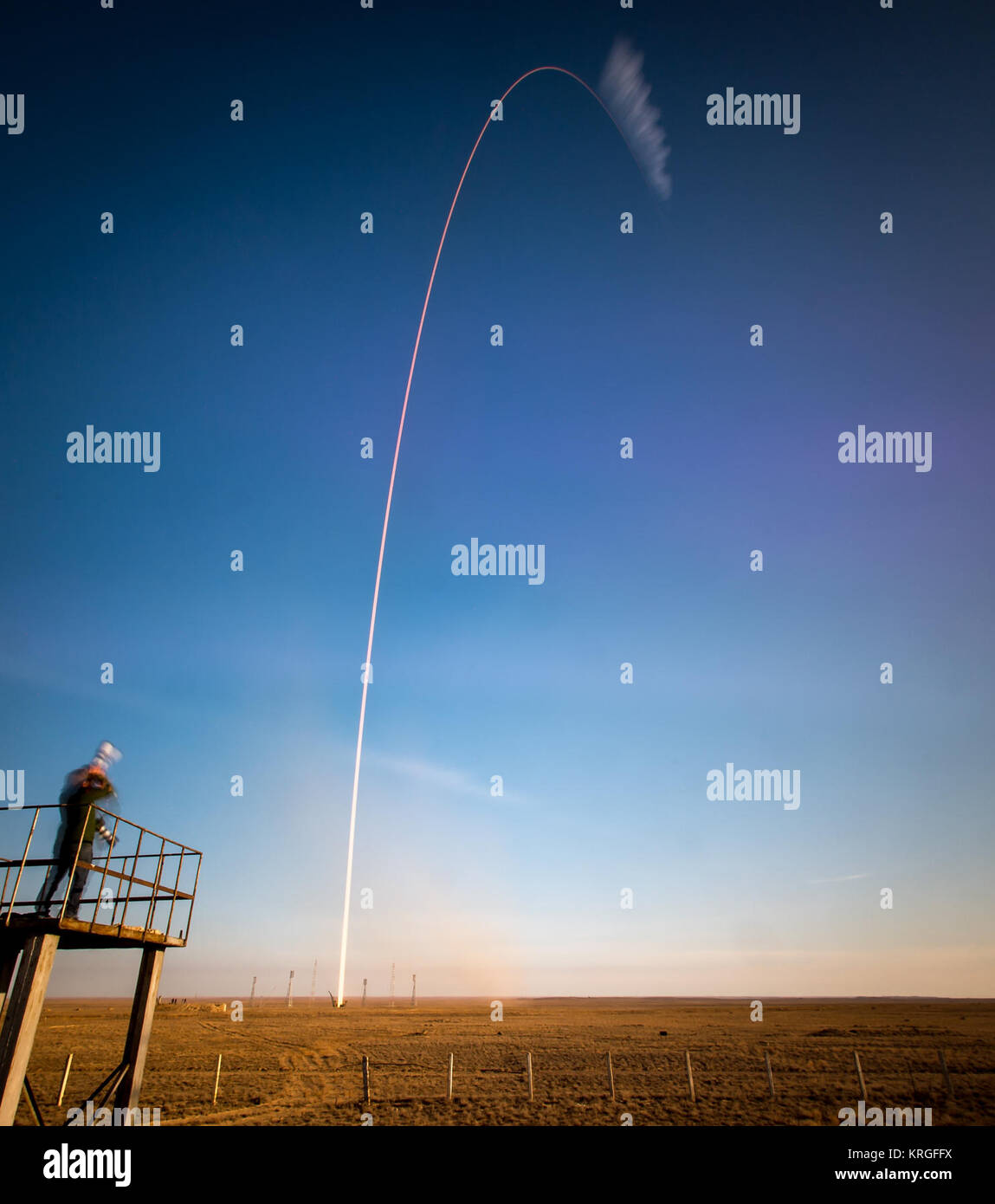 The Soyuz TMA-11M rocket is seen, in this 2 minute exposure, as it is ...