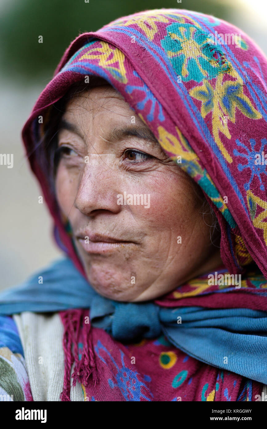 A balti woman wearing colorful scarf, Turtuk, Nubra valley, Ladakh ...