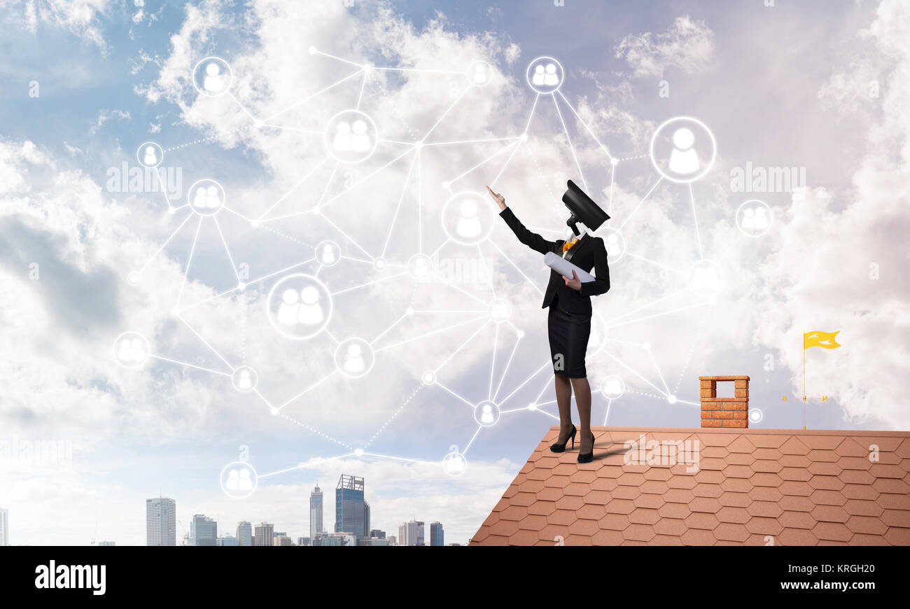 Concept of security and privacy protection with camera headed woman ...