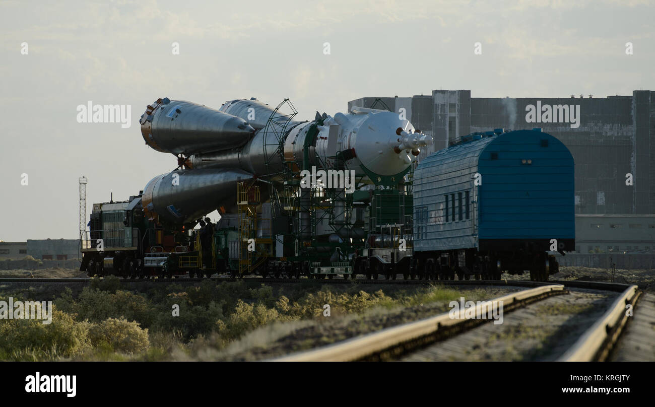 The Soyuz TMA-13M spacecraft is rolled out to the launch pad by train ...
