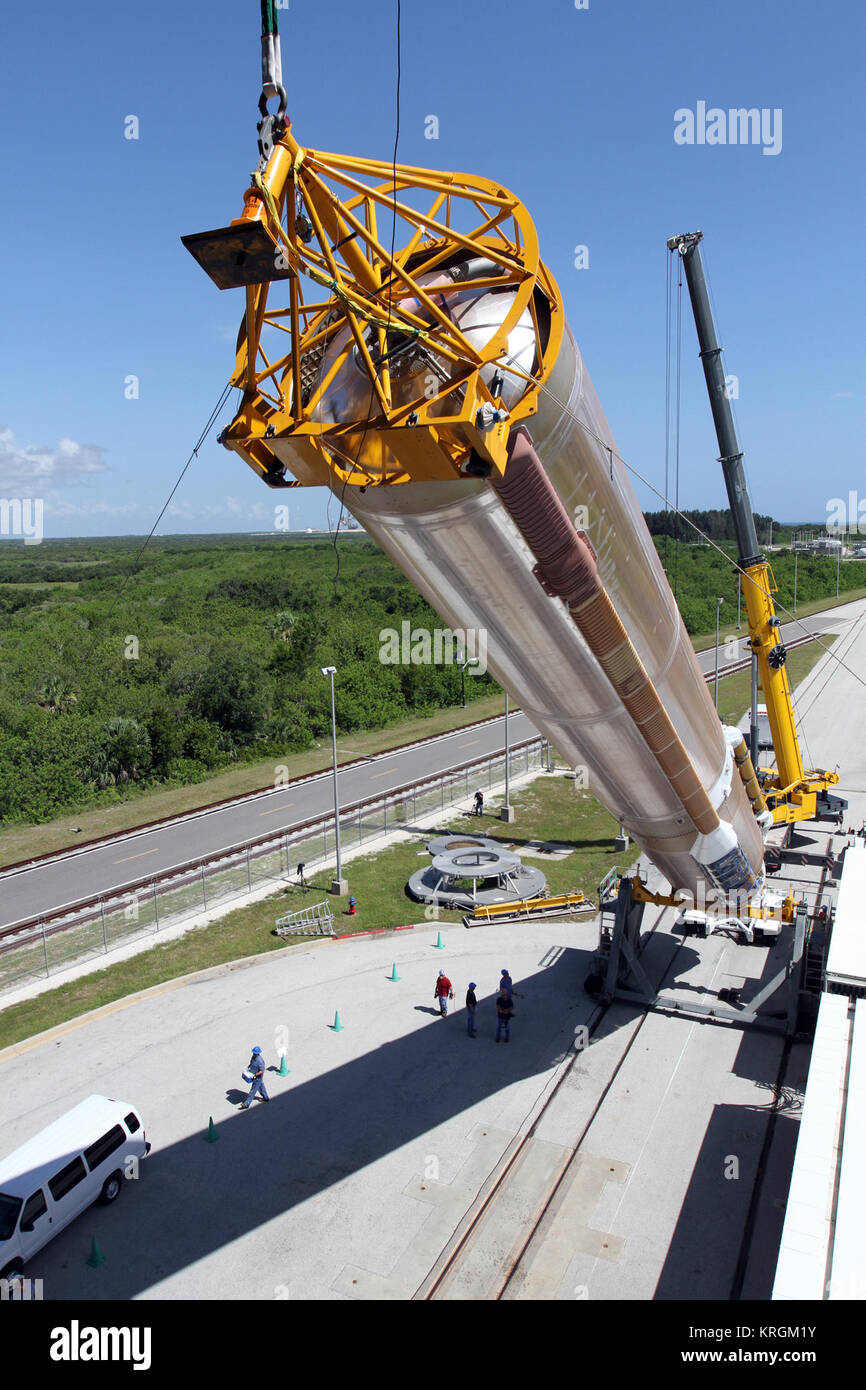 Erection of the Atlas V first stage for RBSP launch Stock Photo - Alamy
