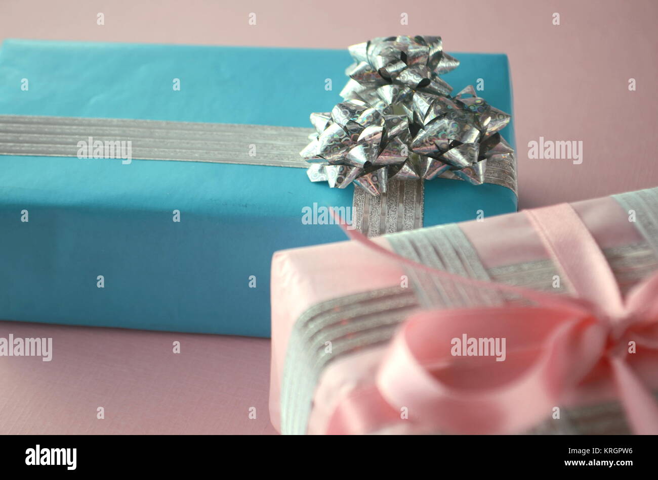 Gift-wrapped presents. Beautiful gift boxes in luxurious wrapping paper ...