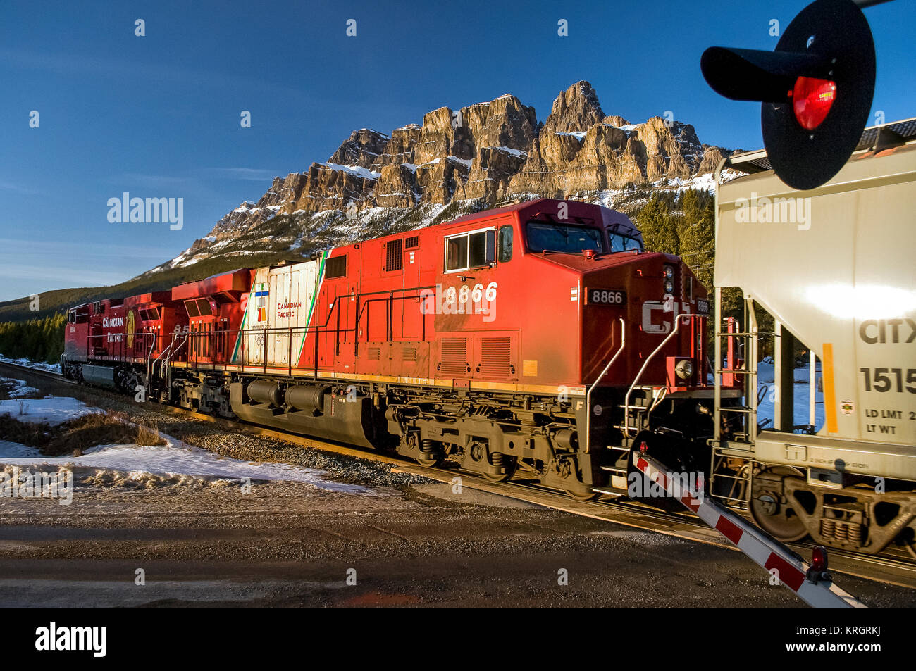 CPR potash train westbound at Eisenhower crossing led by locos 8524 and ...