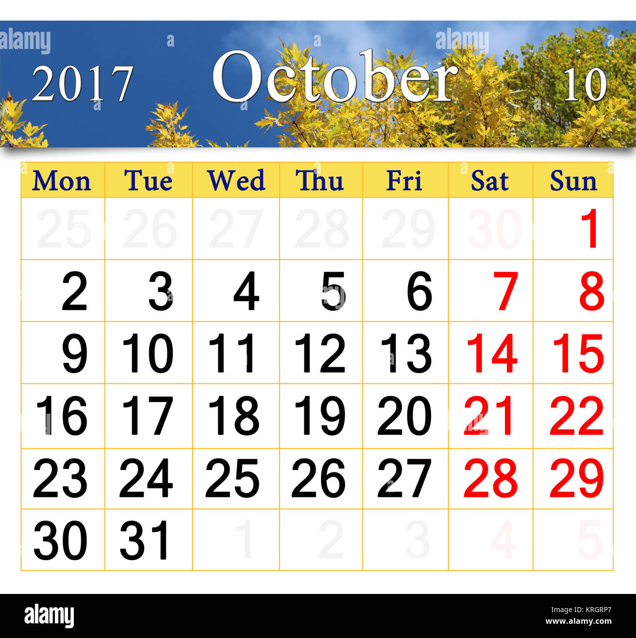 calendar for October 2017 with yellow leaves Stock Photo - Alamy