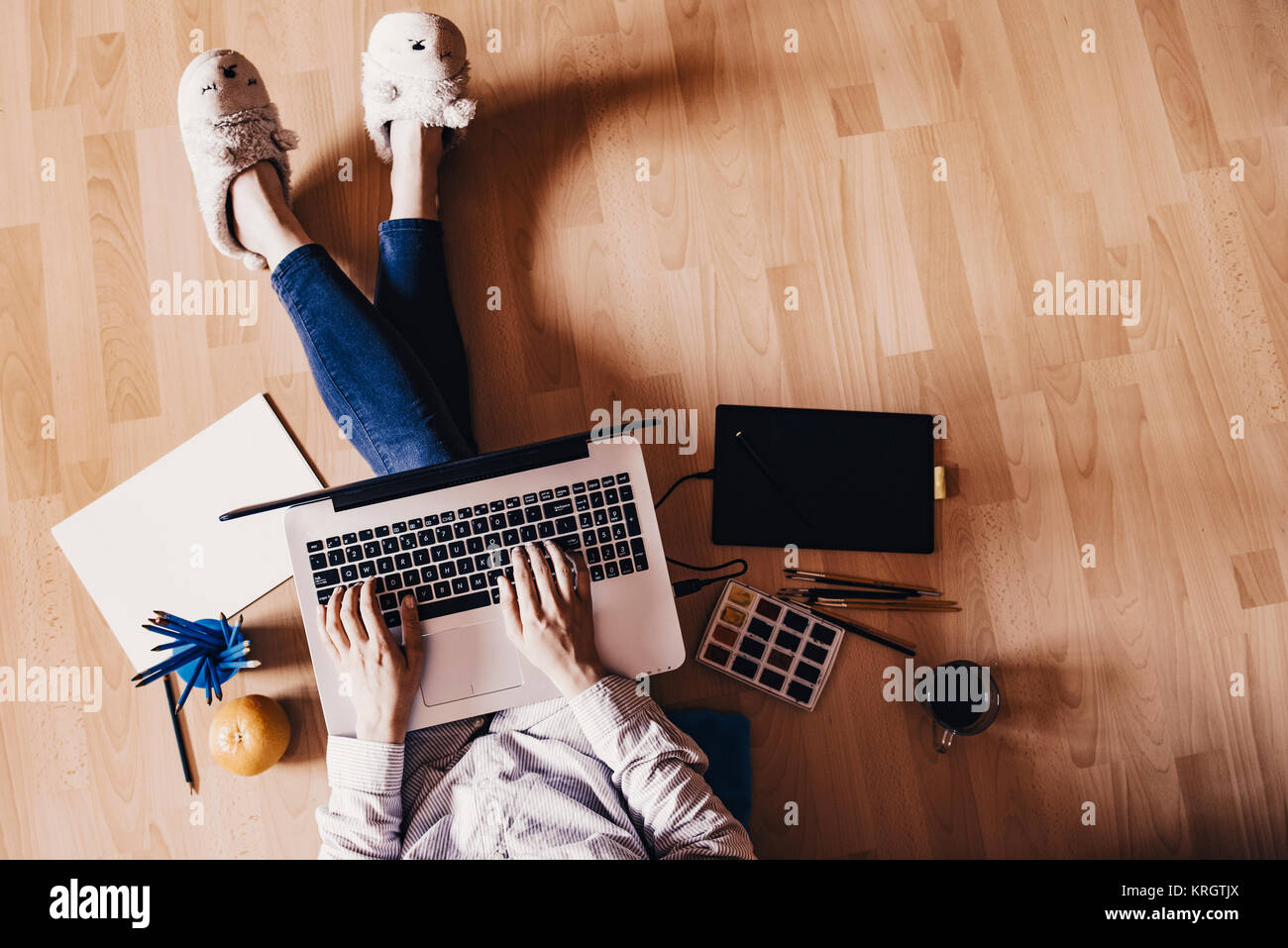 Modern workspace - girl with laptop working Stock Photo - Alamy