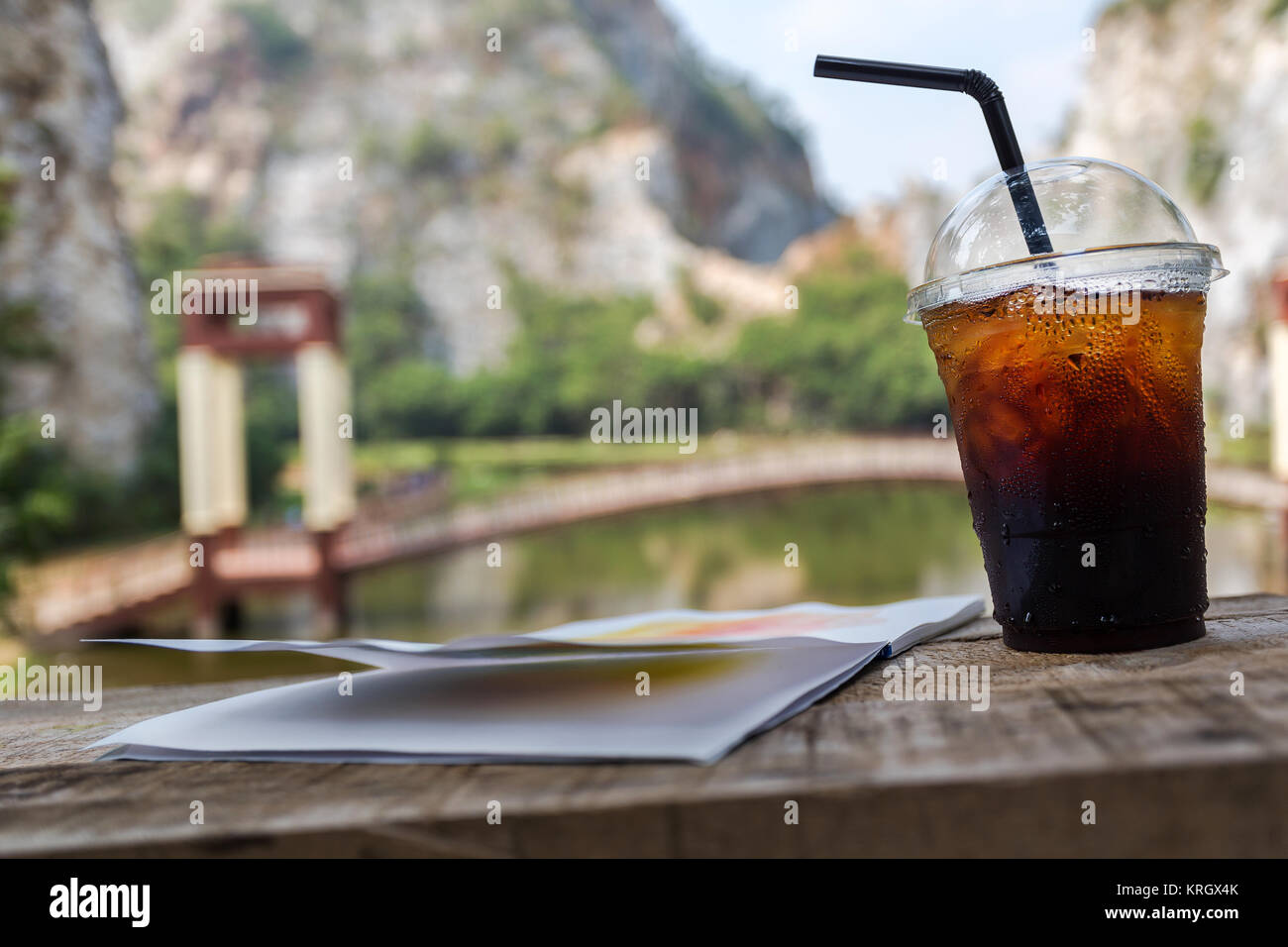 relax time with cold drink on wooden table lifestyle in nature Stock ...