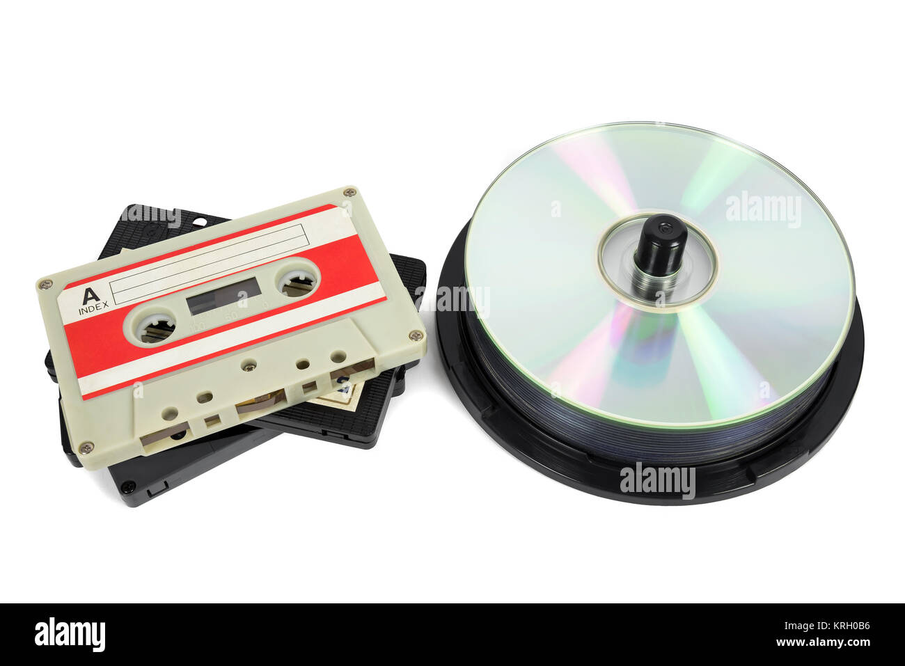Audio cassettes and CDs isolated on white background with clipping path ...