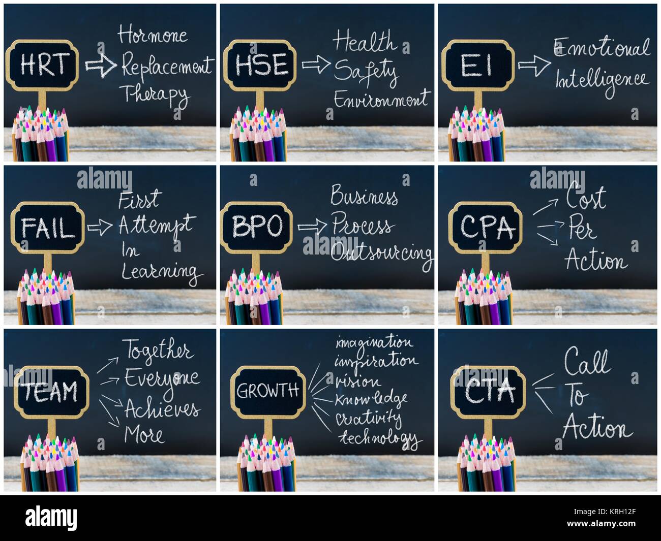Photo collage of business acronyms written with chalk on wooden mini ...