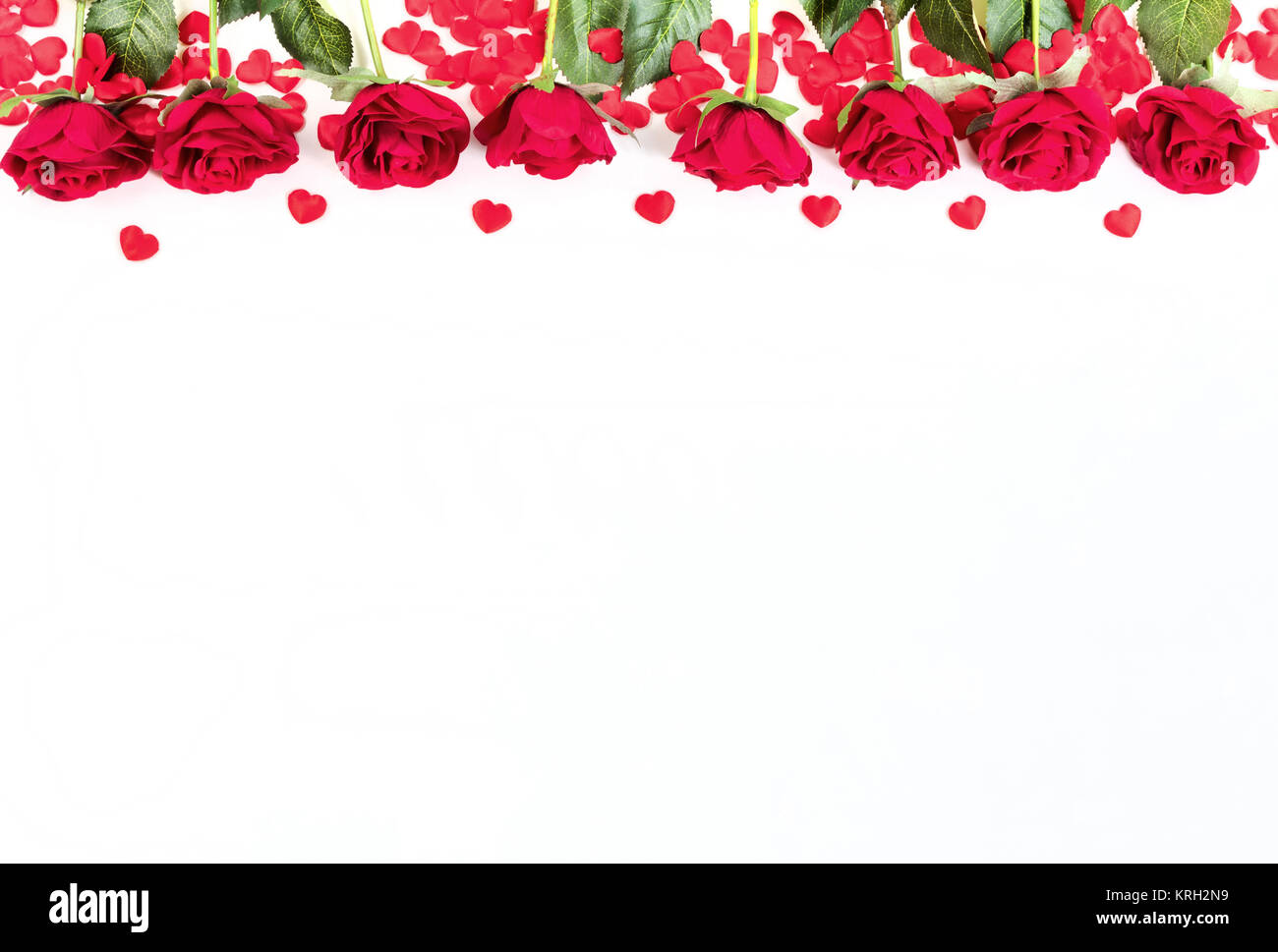 Red roses and heart shapes forming upper border on white background ...
