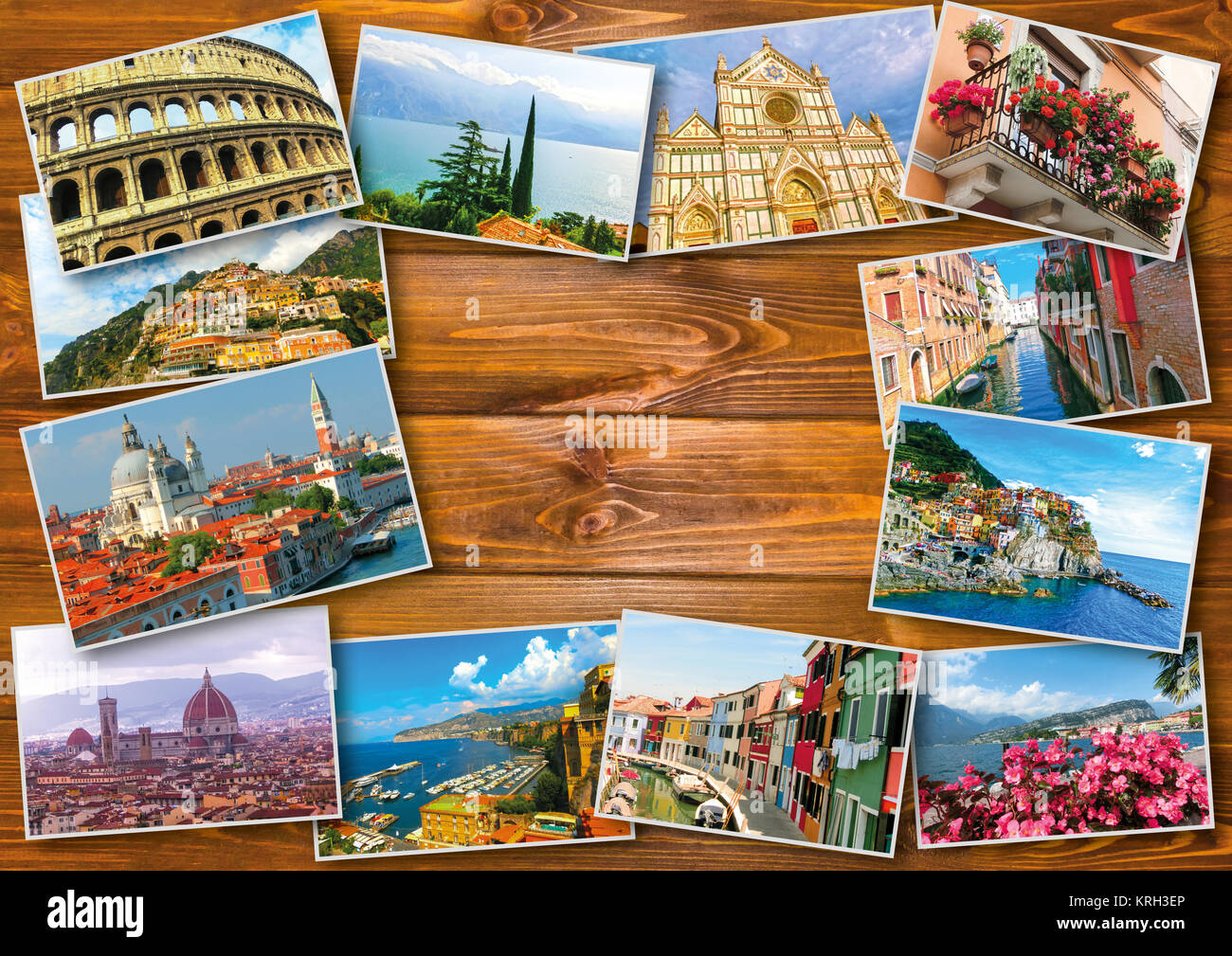 Collage from photos of Italy on wooden background Stock Photo - Alamy