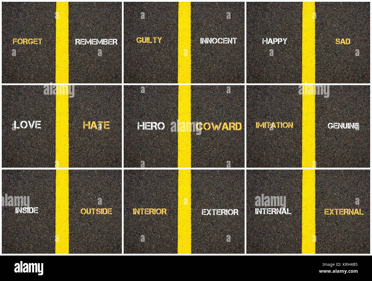 Photo collage of antonym concepts written over tarmac Stock Photo - Alamy