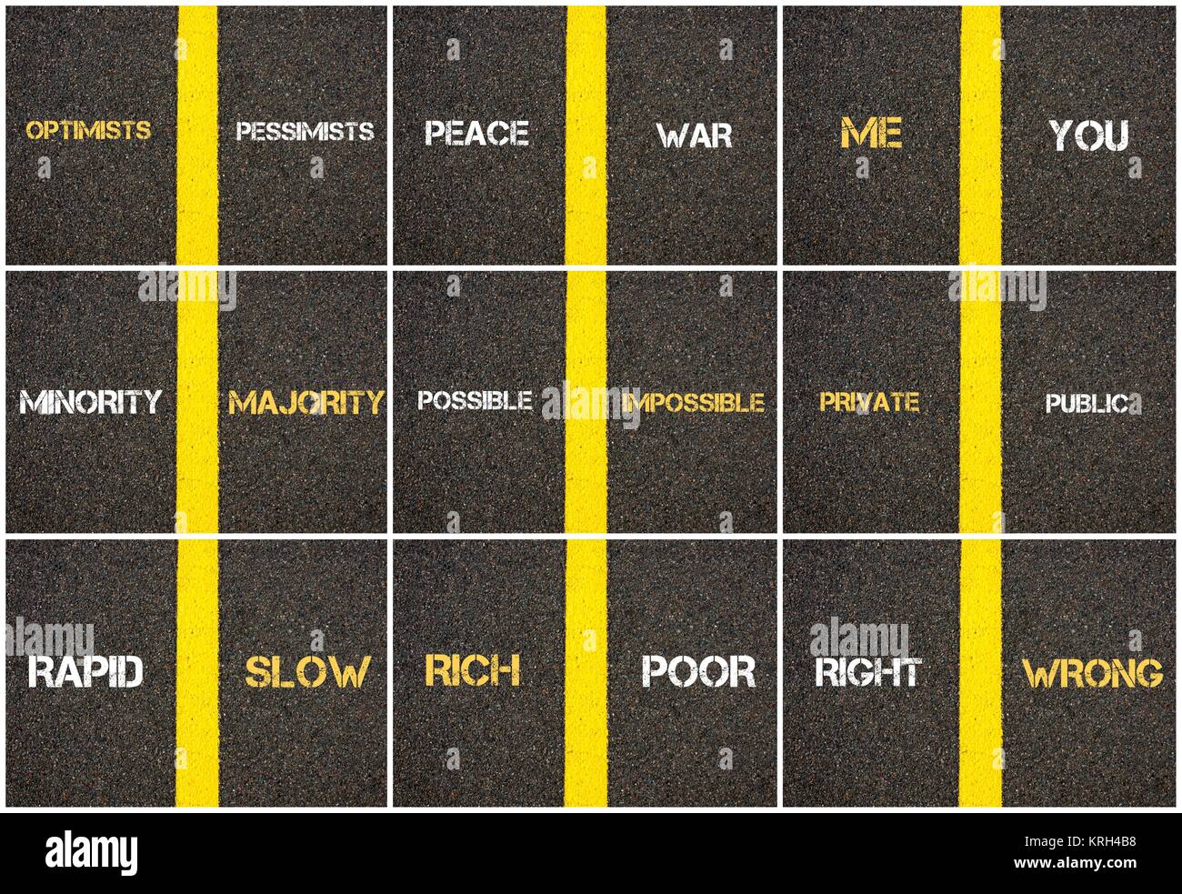 Photo collage of antonym concepts written over tarmac Stock Photo - Alamy