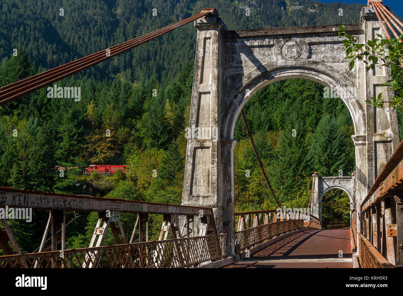 CPR grain train eastbound passes historic Alexandra Bridge over Fraser ...